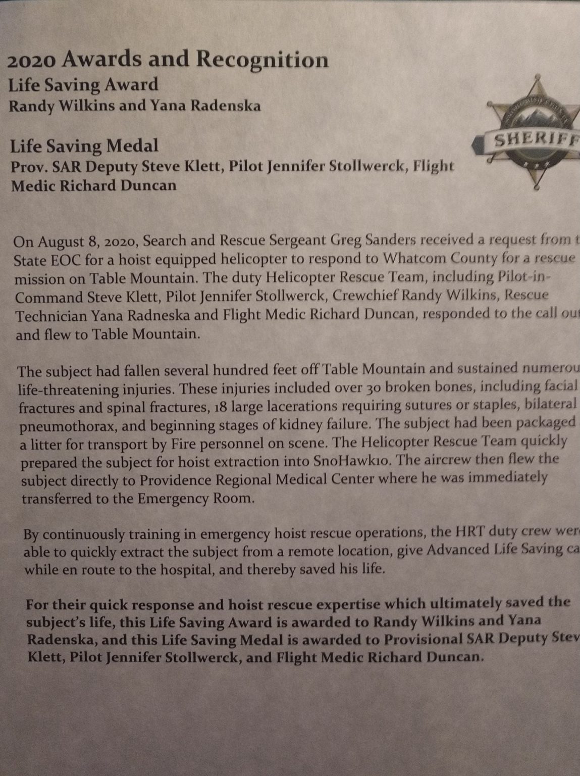 Snohomish County Sherrif's Office's 2020 Life Saving Awards - SCVSAR